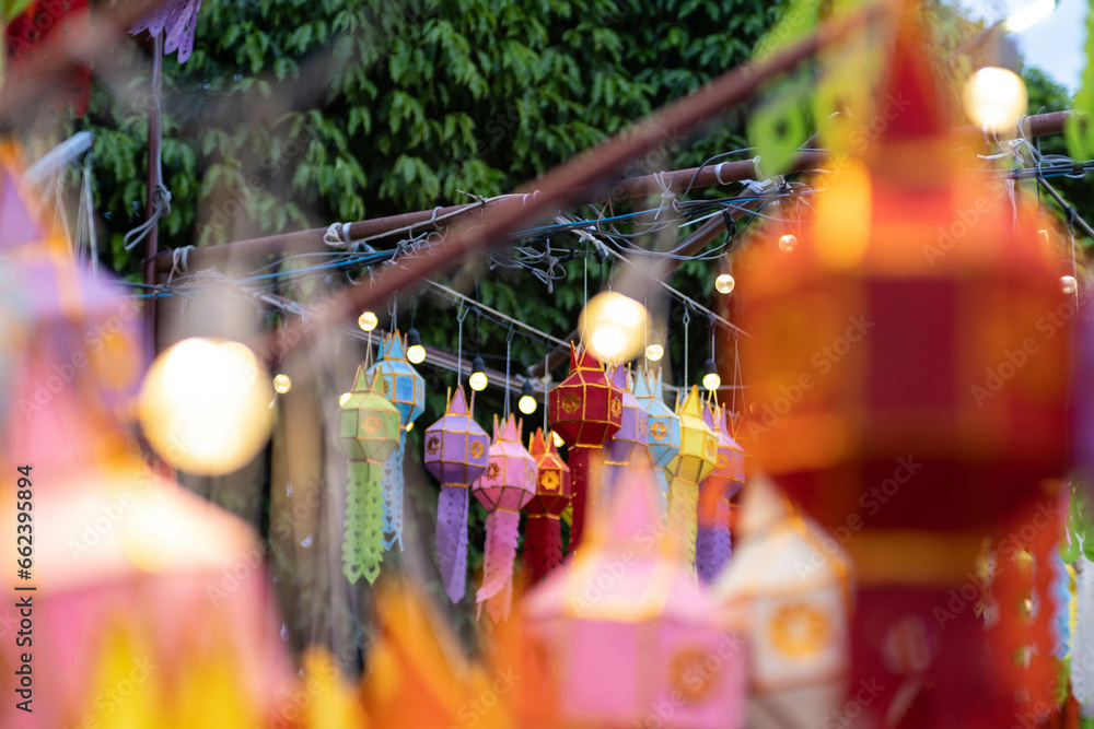 Colorful Lanna paper lanterns hang in Lamphun temples. Popular lantern ...