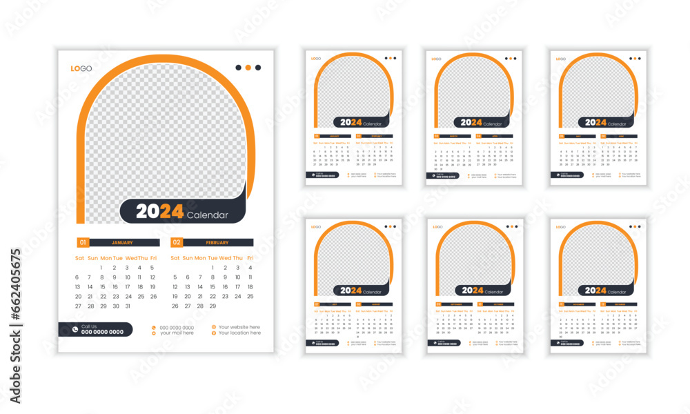 Corporate yellow wall calendar design template for 2024 year. Editable ...