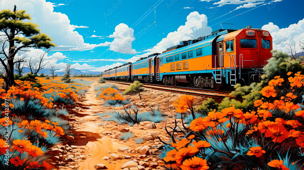 cargo train traversing through different landscapes, passing borders ...