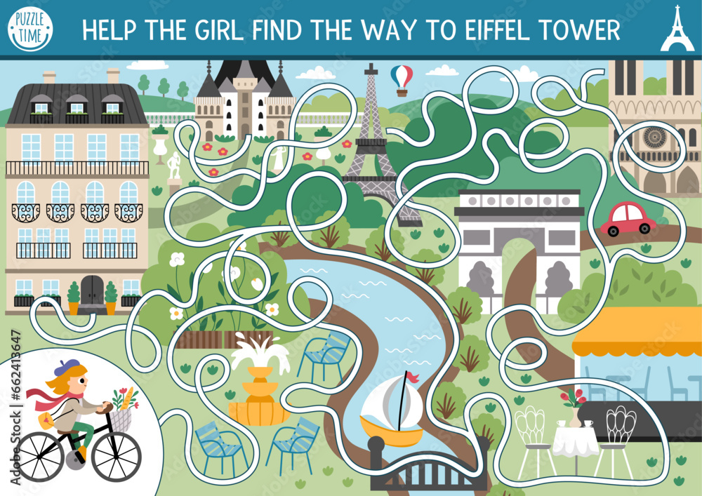 France maze for kids with Paris scene, woman riding bike through the ...