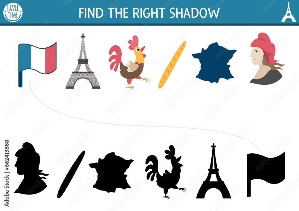 France shadow matching activity. French puzzle with Marianne, map ...