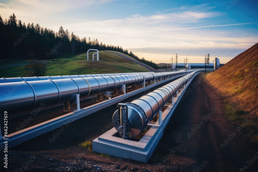 Hydrogen Pipeline With Wind Turbines In The Background, Representing ...