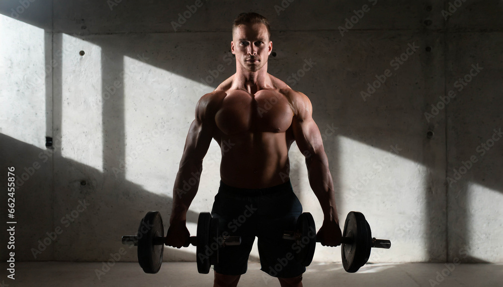Sporty male bodybuilder lifting dumbbells weights flexing muscles ...