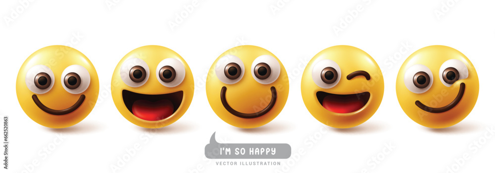 Emoji happy emoticon characters vector set. Emojis emoticons in happy ...