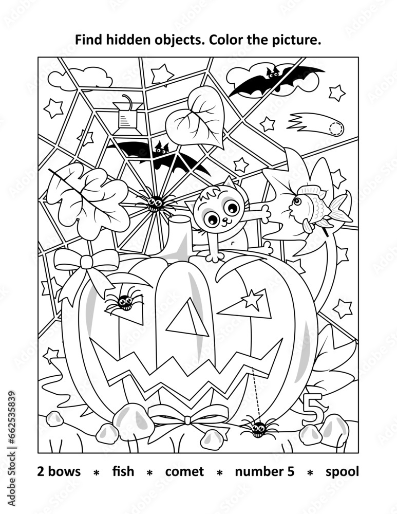 Halloween activity sheet. Find hidden objects picture puzzle and ...