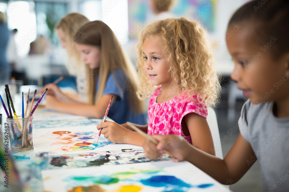 Happy creative young kids learning painting at art class in achool ...