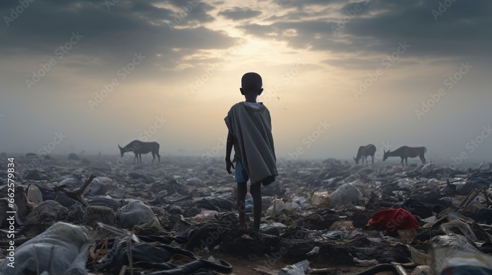 Lonely African boy standing in a landfill with a black plastic bag on ...