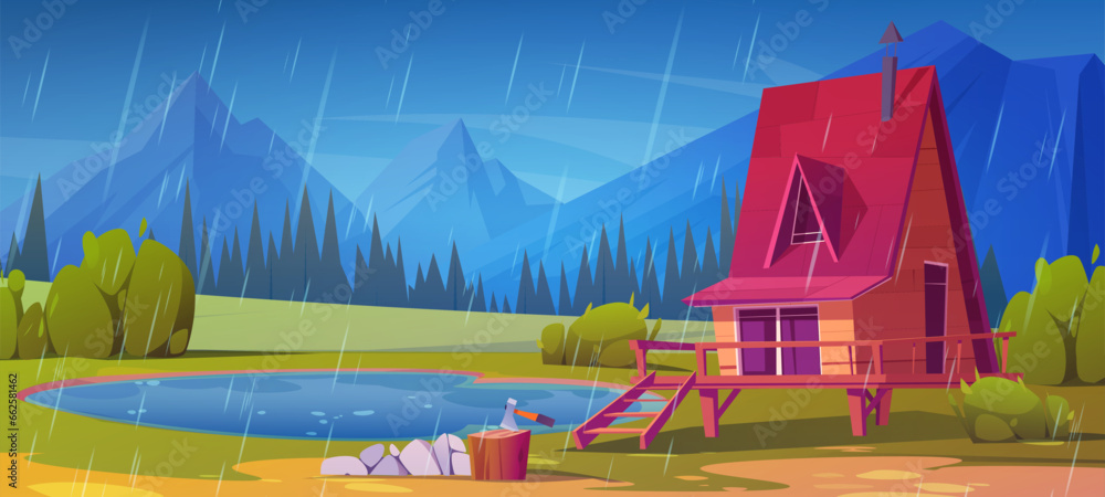 Hut on stilt near lake game vector. Rain scene with forest wood house ...