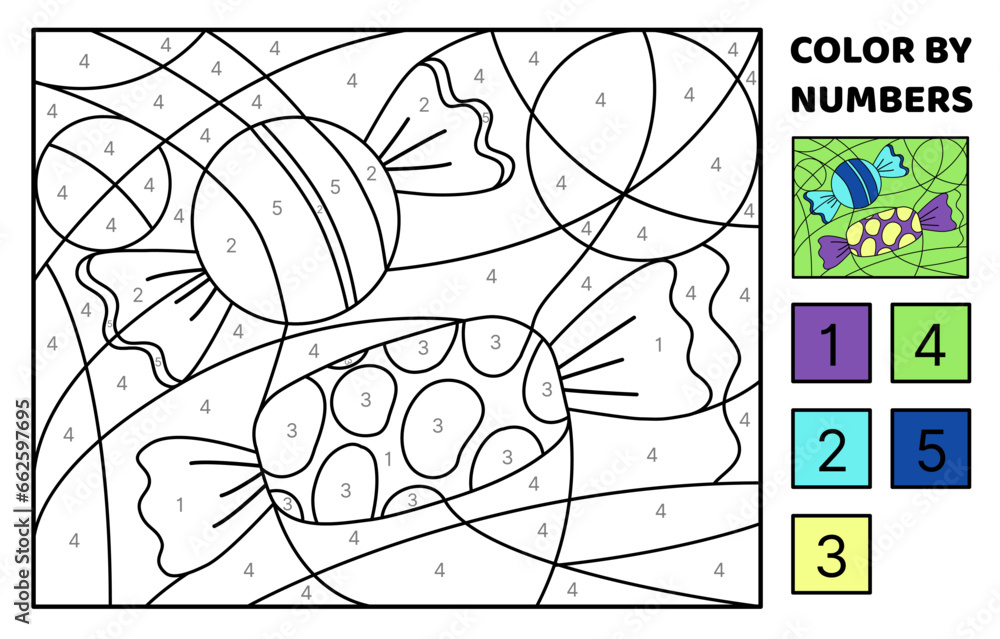 Candies. Color by number. Coloring page. Game for kids. Cartoon, vector ...
