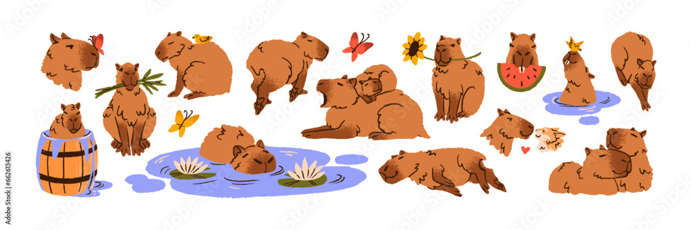 Funny capibaras set. Cute capybaras family with baby cuddle, rest ...