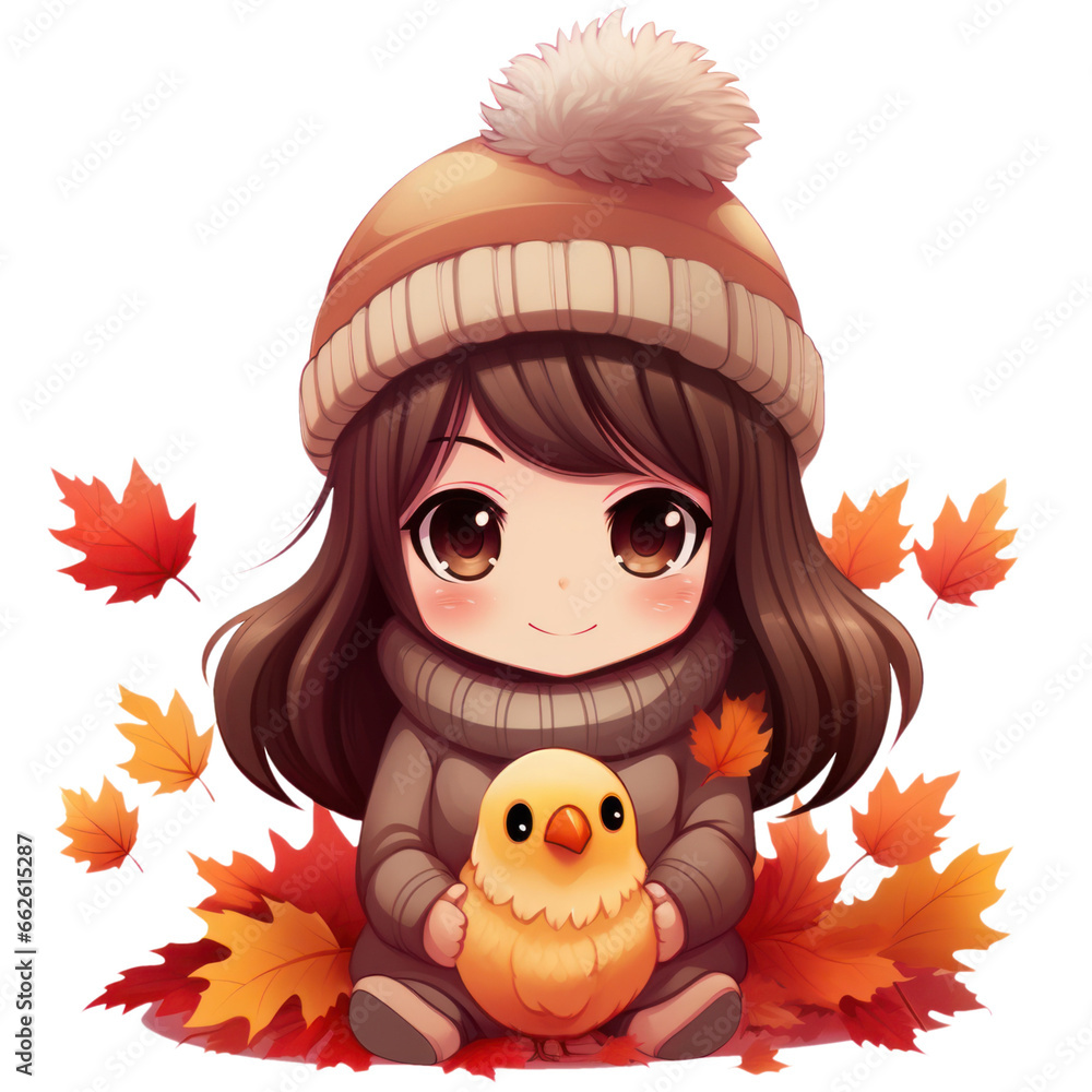Cute Chibi girl with chick and fall leaves, autumn girl illustration ...