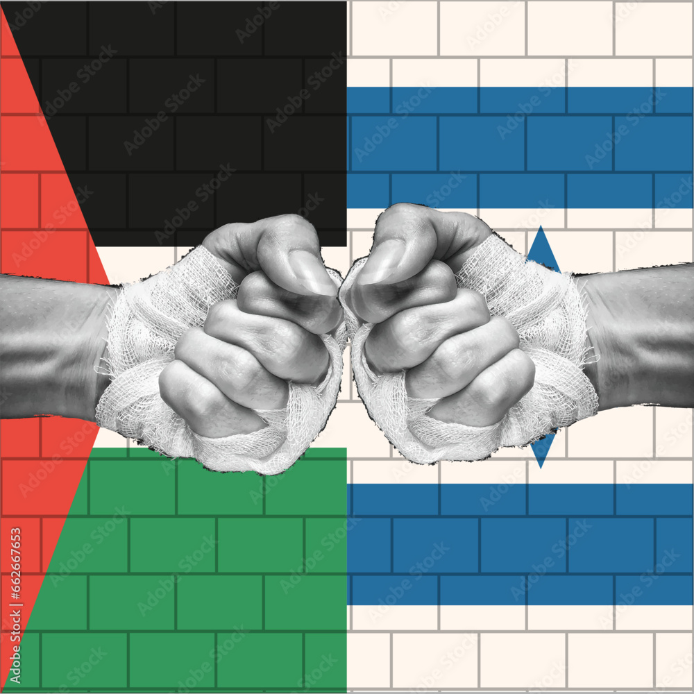 Nostalgia Palestina Israel banner with Halftone puch fist hand on flag ...