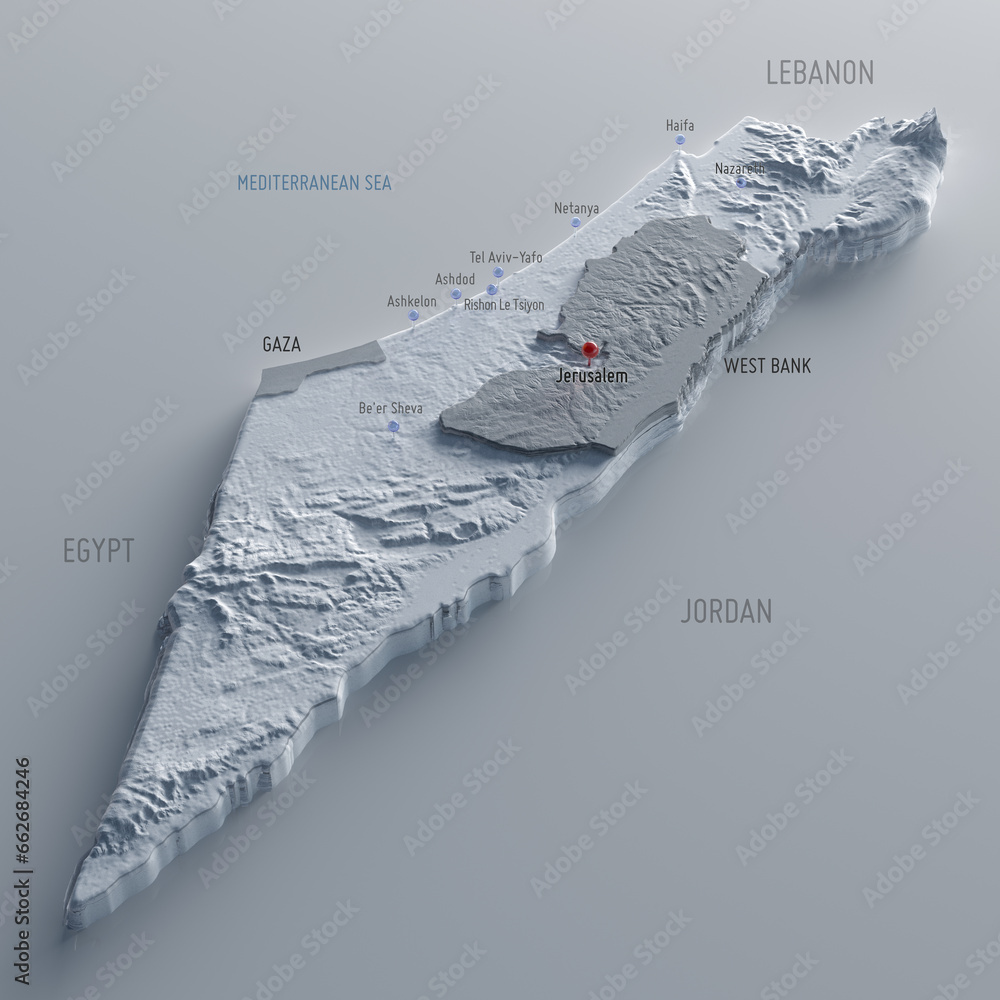 3D map of Israel with topographic relief, borders. Detailed isometric ...