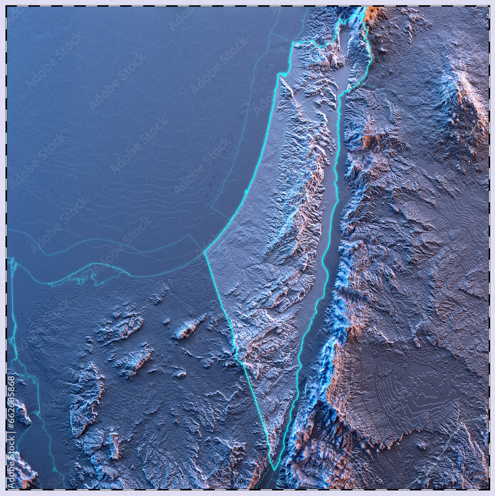3D map of Israel with exaggerated topographic relief and borders ...
