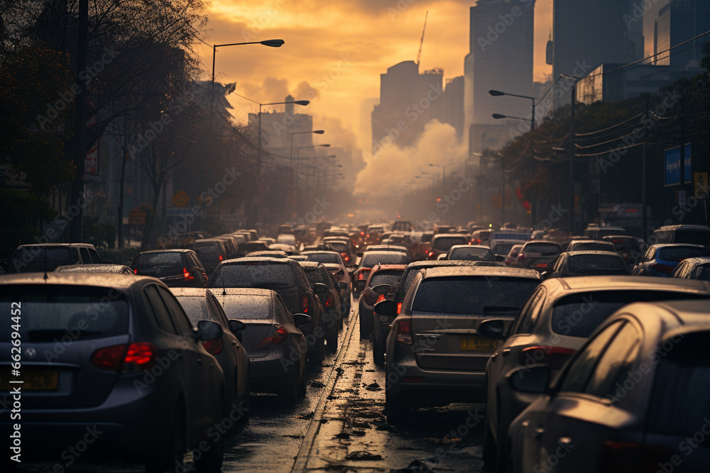 Polluted city with chaotic traffic, highlighting the hazardous ...