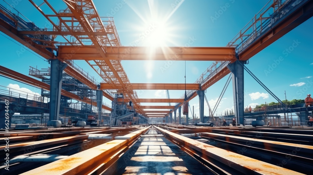 Construction of the steel buildings pillars using a crane in a factory ...