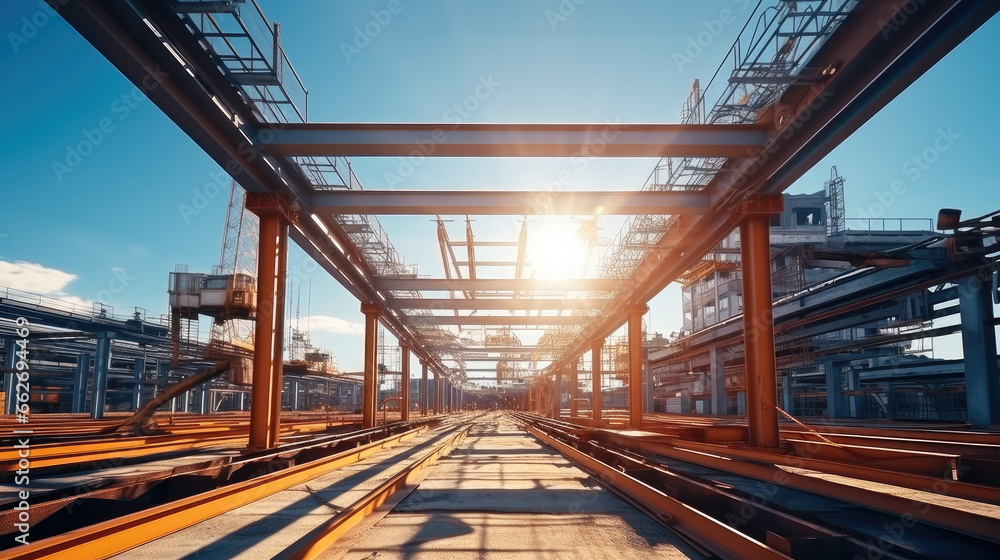Construction of the steel buildings pillars using a crane in a factory ...