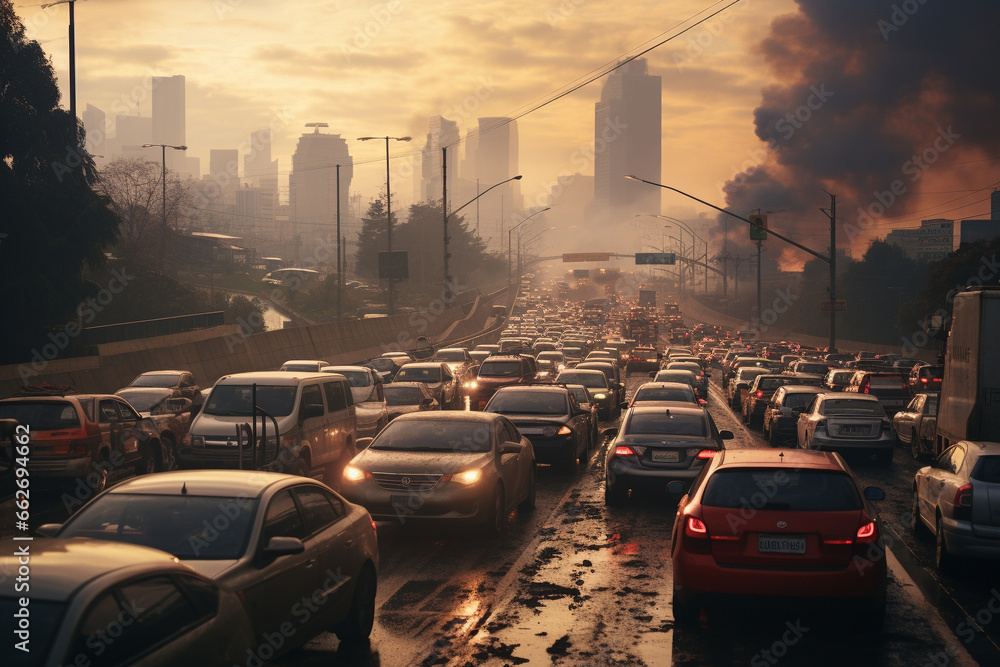 Polluted city with chaotic traffic, highlighting the hazardous ...