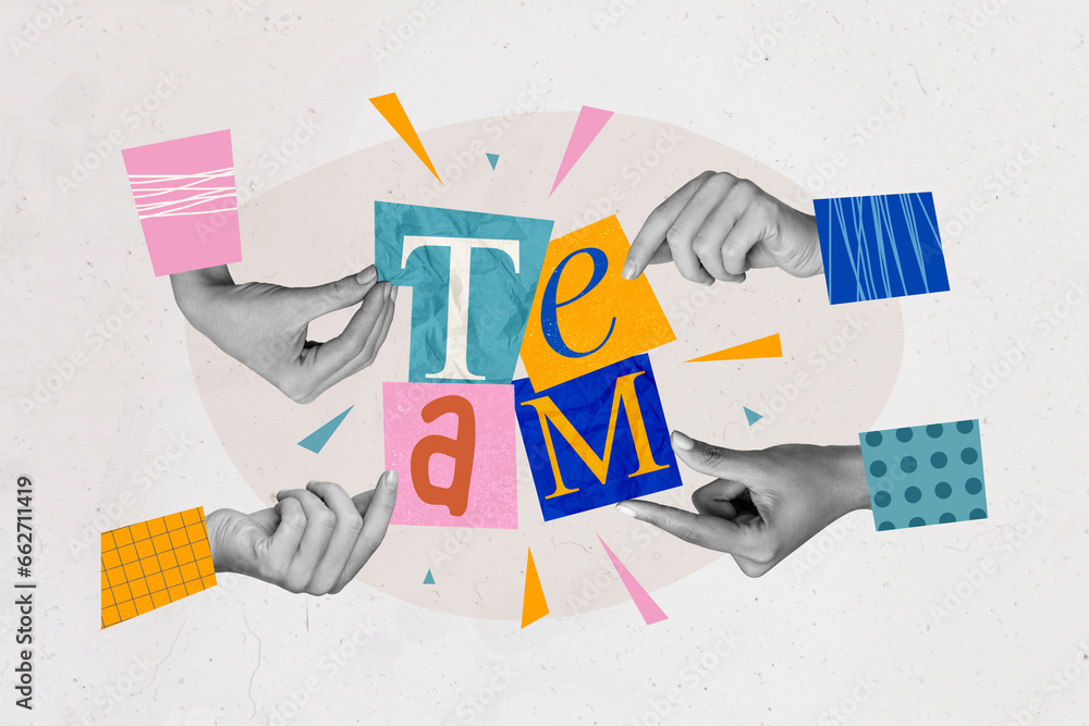Creative retro 3d magazine collage image of arms working together ...