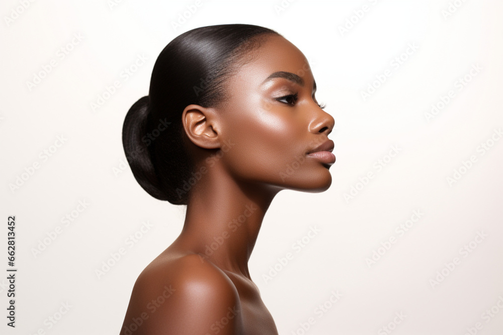 Black woman, facial profile and beauty in studio, isolated white ...