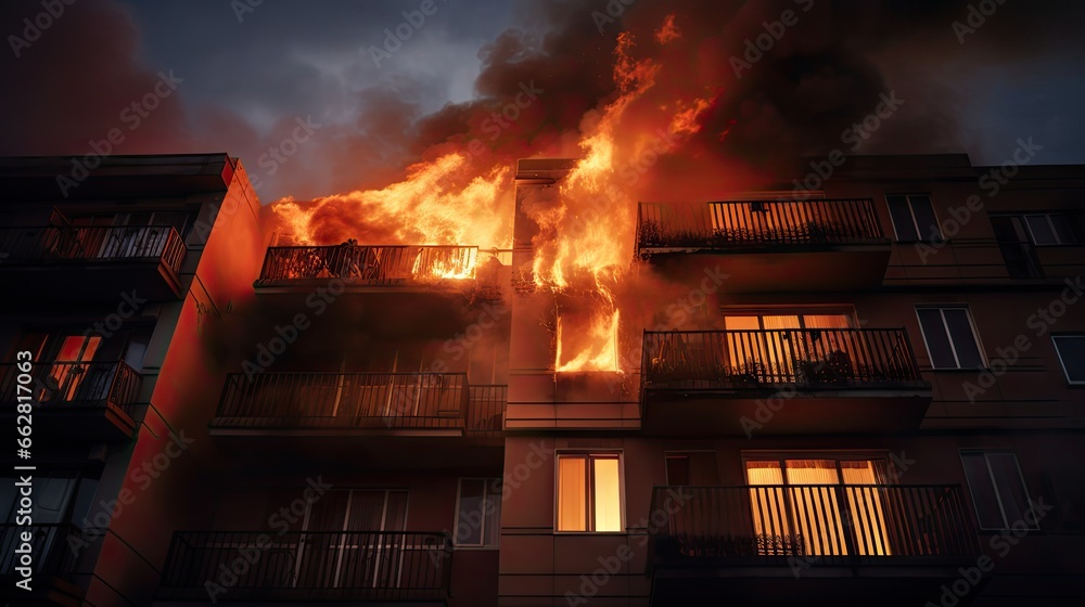 Stock-Foto „fire on the balcony of a multi-storey building, black ...
