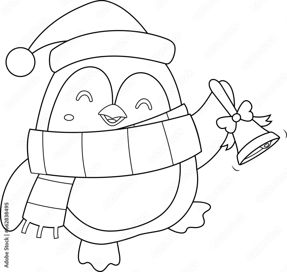 Outlined Cute Christmas Penguin Cartoon Character Ringing A Bell ...
