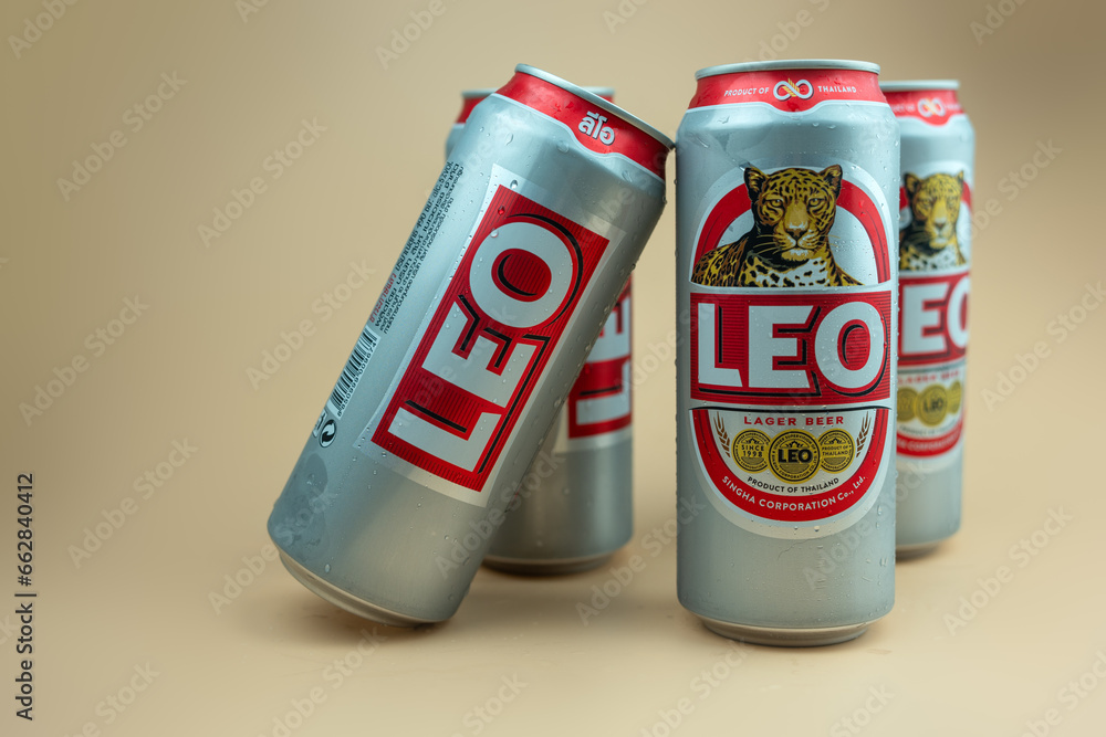 Samut Prakan, Thailand - October 16, 2023 : Can of Leo Beer, new design ...