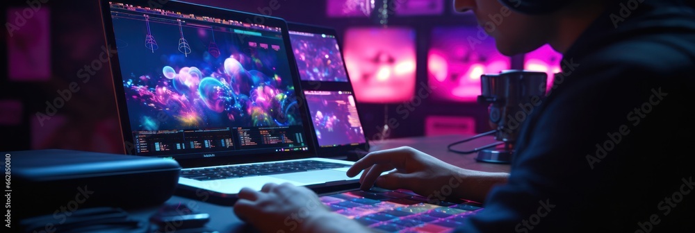 Innovative content crafting: Close-up of creator employing AI ...