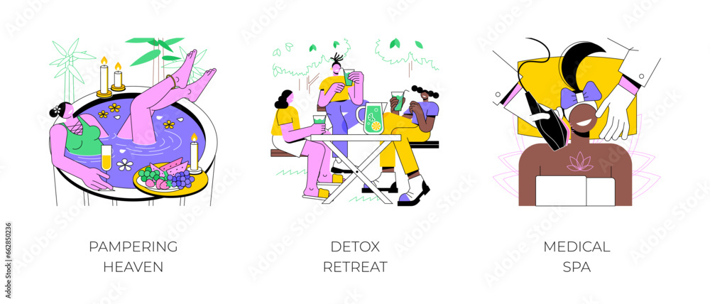 Wellness hotel isolated cartoon vector illustrations set. Pampering ...