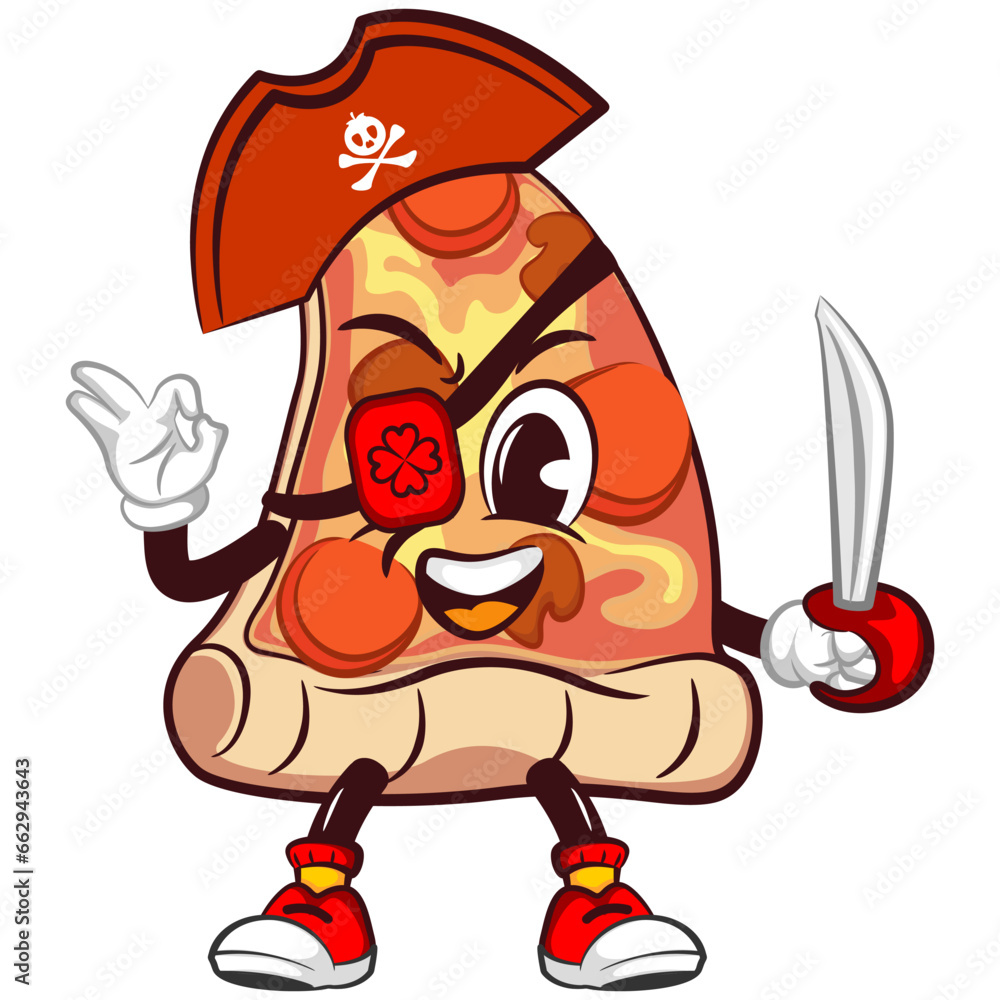vector mascot character of a one-eyed pirate pizza slice wearing a hat ...