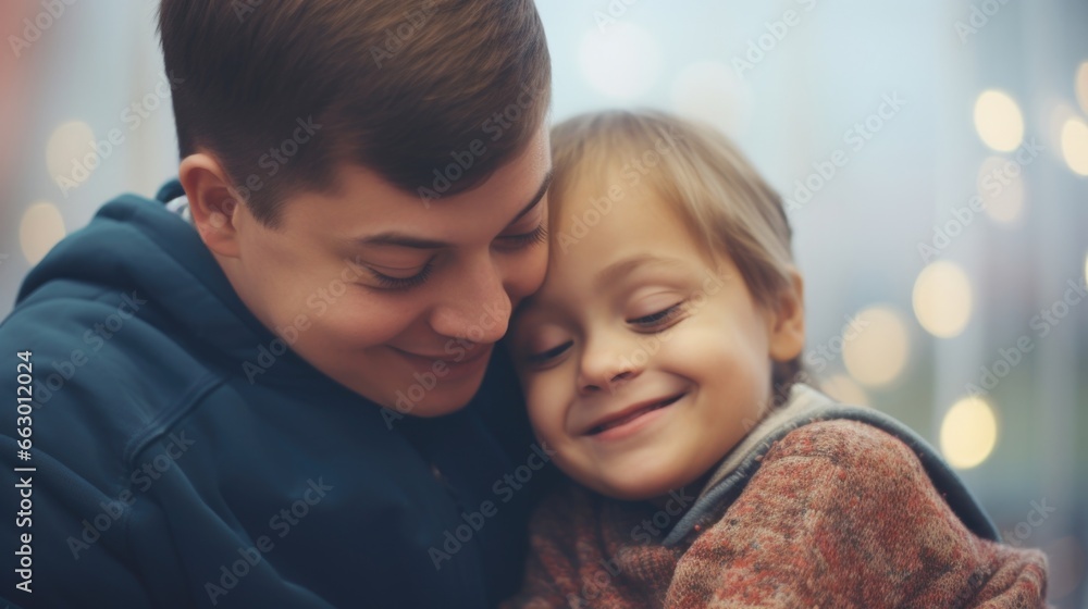 A parent with dwarfism lovingly embraces their child, proud to watch ...