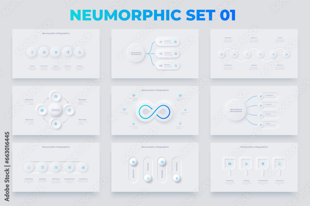 Nine slides with neumorphic infographics elements. Timelines, rings, flowcharts and cycle ...