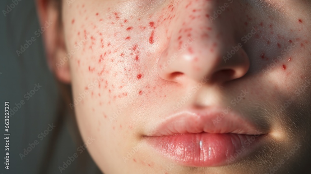 acne on woman face with rash skin, scar, and red skin syndrome allergic ...