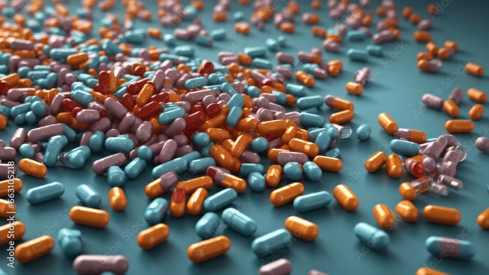Visualize a cluster of antibiotic pill capsules descending, creating a ...