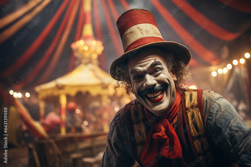 Portrait of a joyful clown with a beaming smile and a classic red nose ...