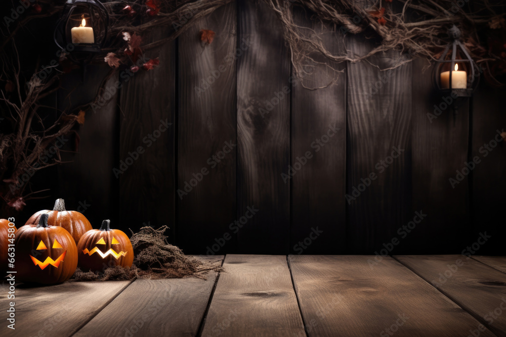 empty wooden table spooky halloween background with empty wooden boards ...