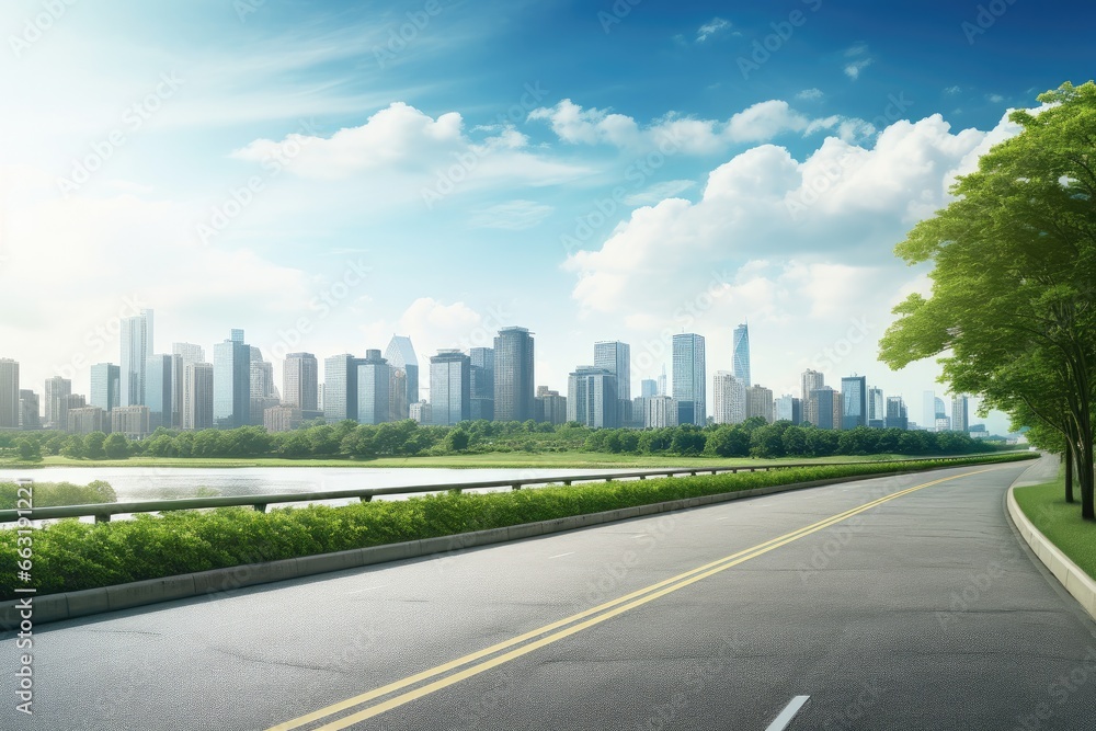 View of road highway with lake garden and modern city skyline in ...