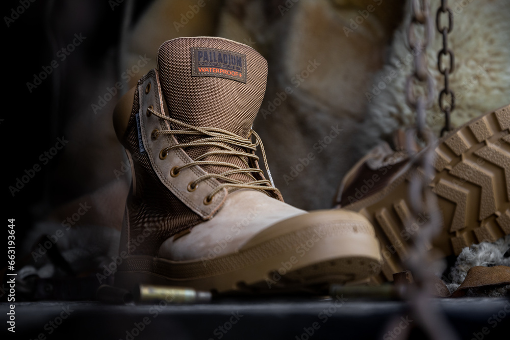 Palladium boots in brown color. Palladium brand was established in 1947 ...