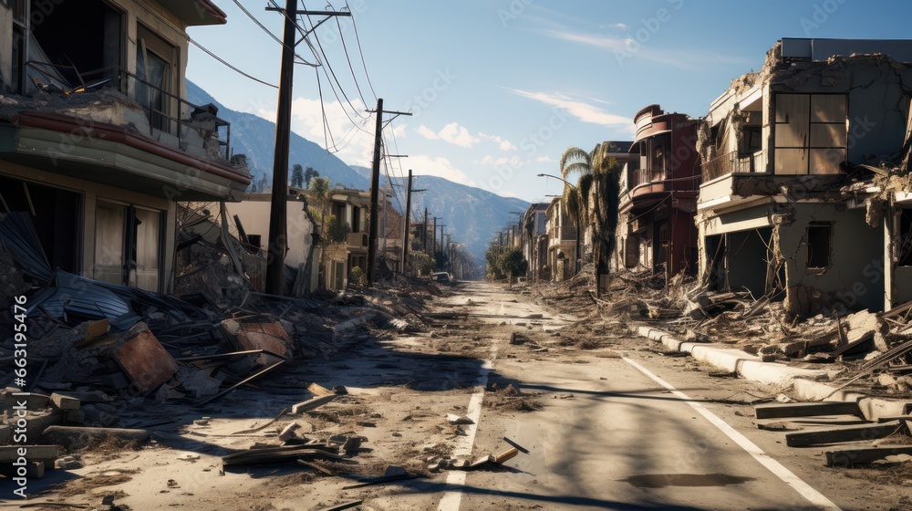 The devastating aftermath of an earthquake is evident, with buildings ...