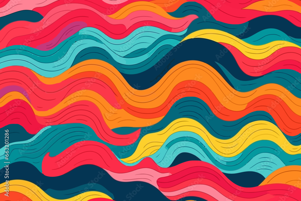 Waves quirky doodle pattern, wallpaper, background, cartoon, vector ...