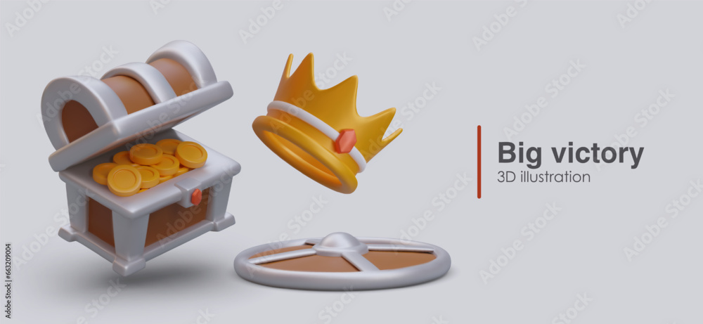 Big win concept. Vector round shield, golden crown, chest full of coins ...