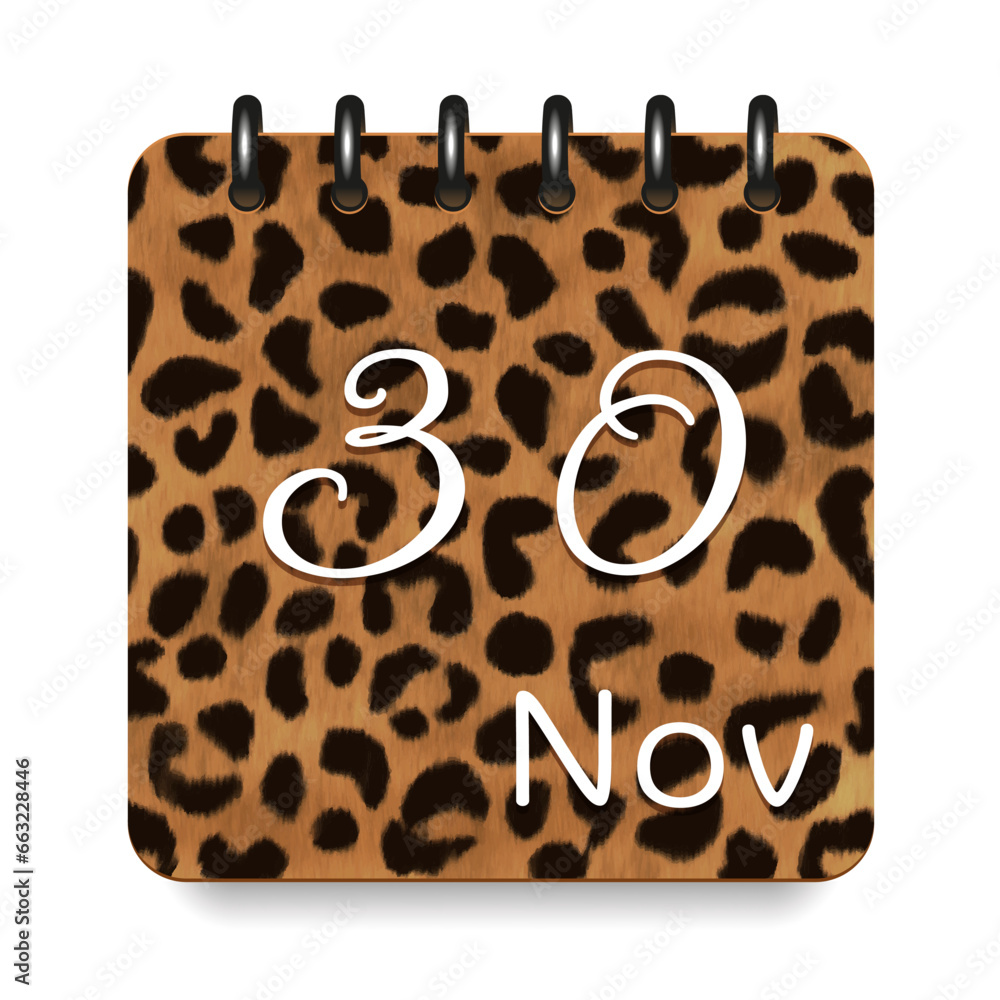 30 day of the month. November. Leopard print calendar daily icon. White ...