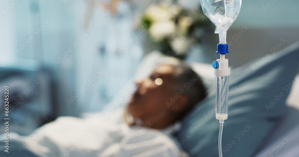 IV drip, healthcare and medicine with patient in hospital, treatment ...