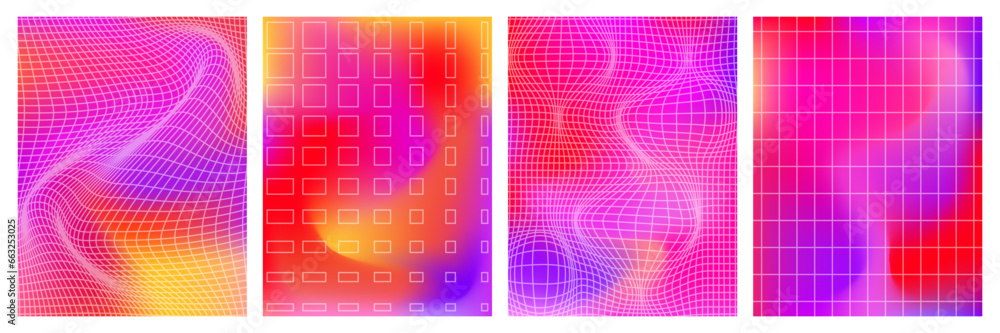 Set of geometry wireframe grid on smooth color transition gradient ...