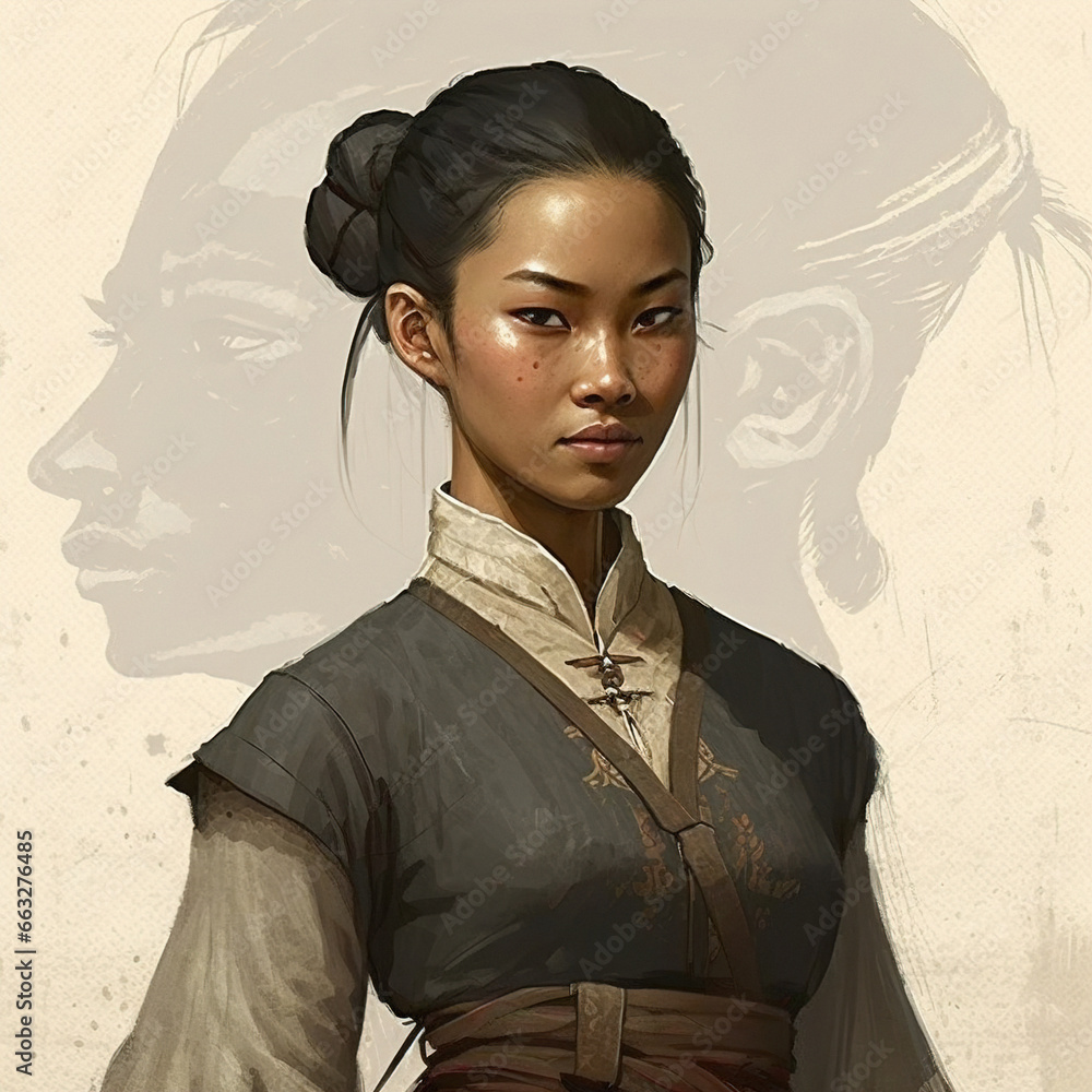 Stylish Character with Asian Influence, Featuring a Solemn Woman, Tight ...
