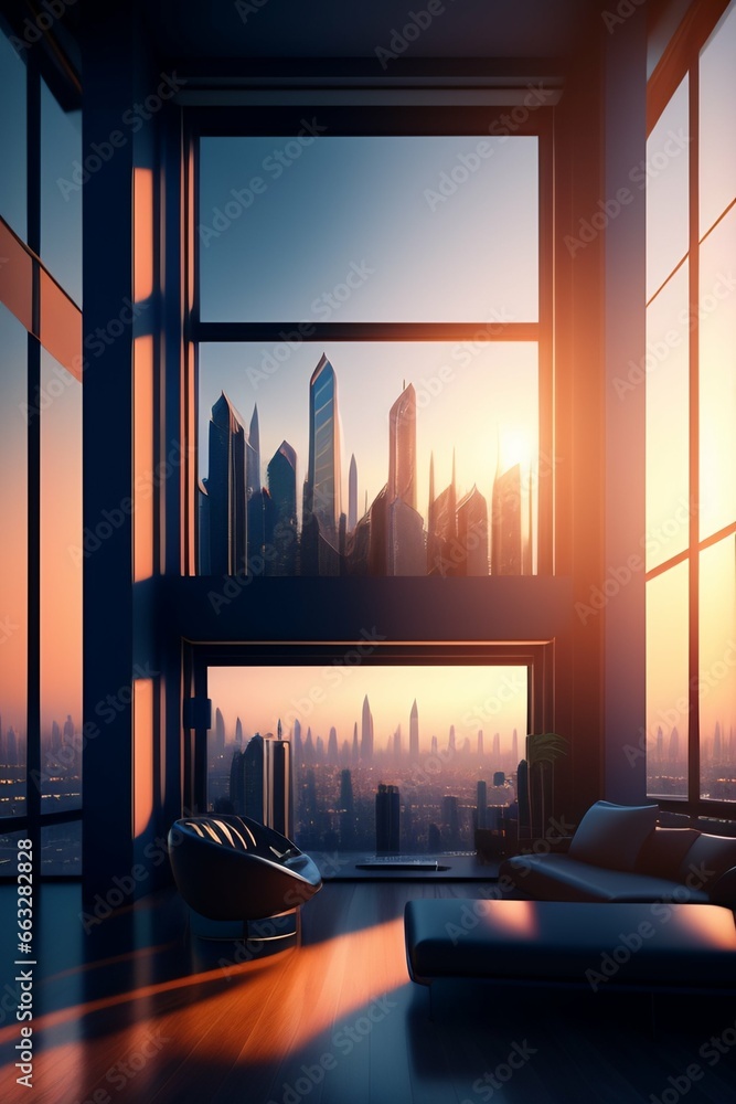 Luxurious loft with high windows, stunning city view, and dark ...