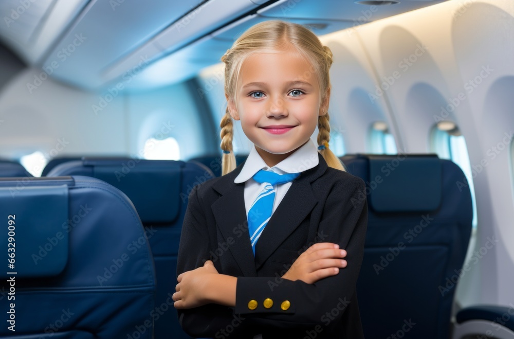 Smiling girl in airplane cabin, wearing flight attendant uniform Stock ...