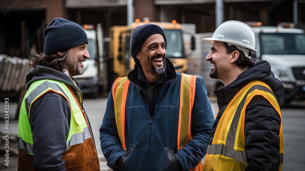 Diverse group of construction workers with friendly conversation on ...