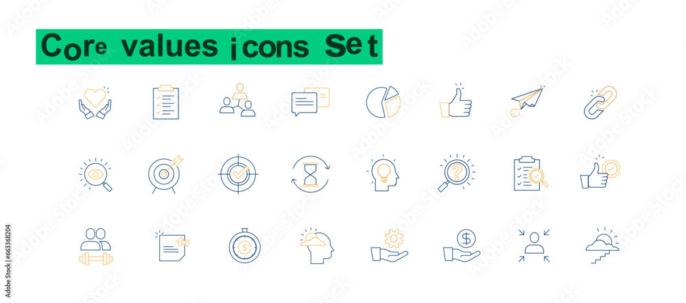 Core values line icons. Integrity, Target purpose and Strategy. Trust ...