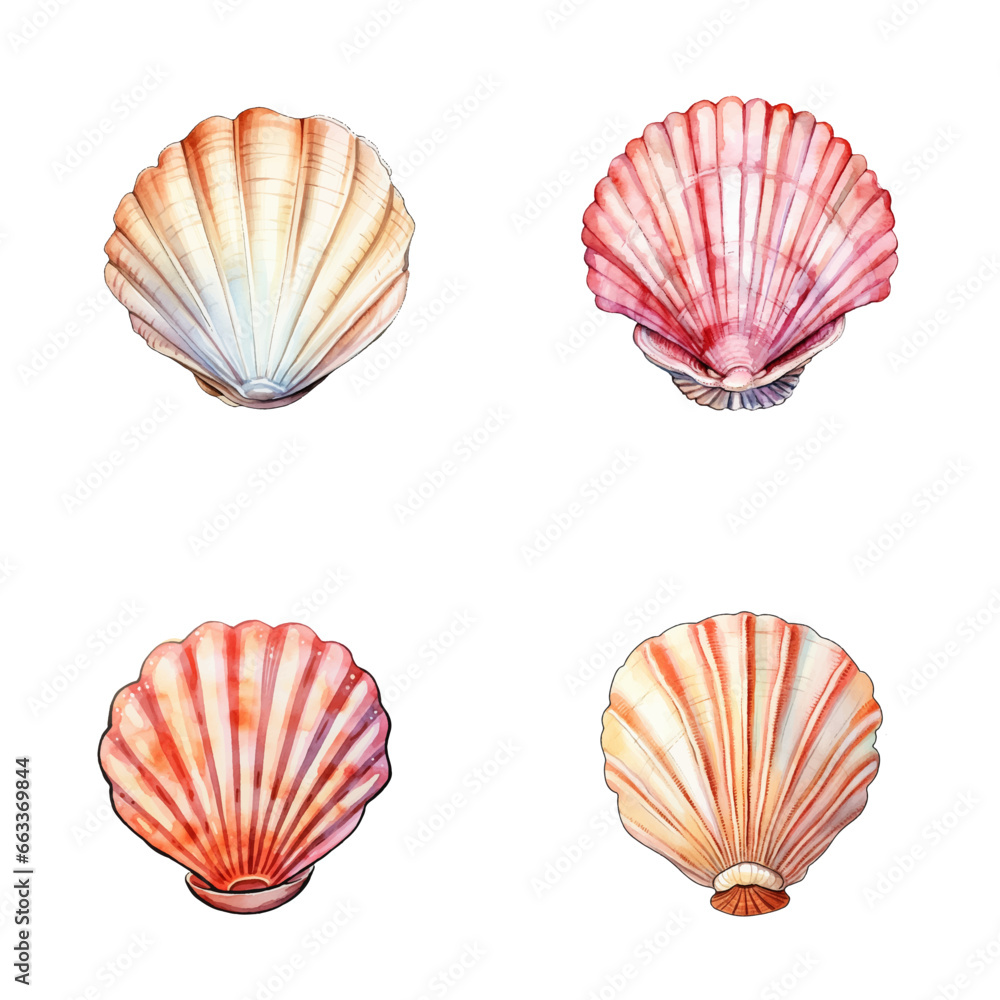 set of happy cute seashell watercolor illustrations for printing on ...